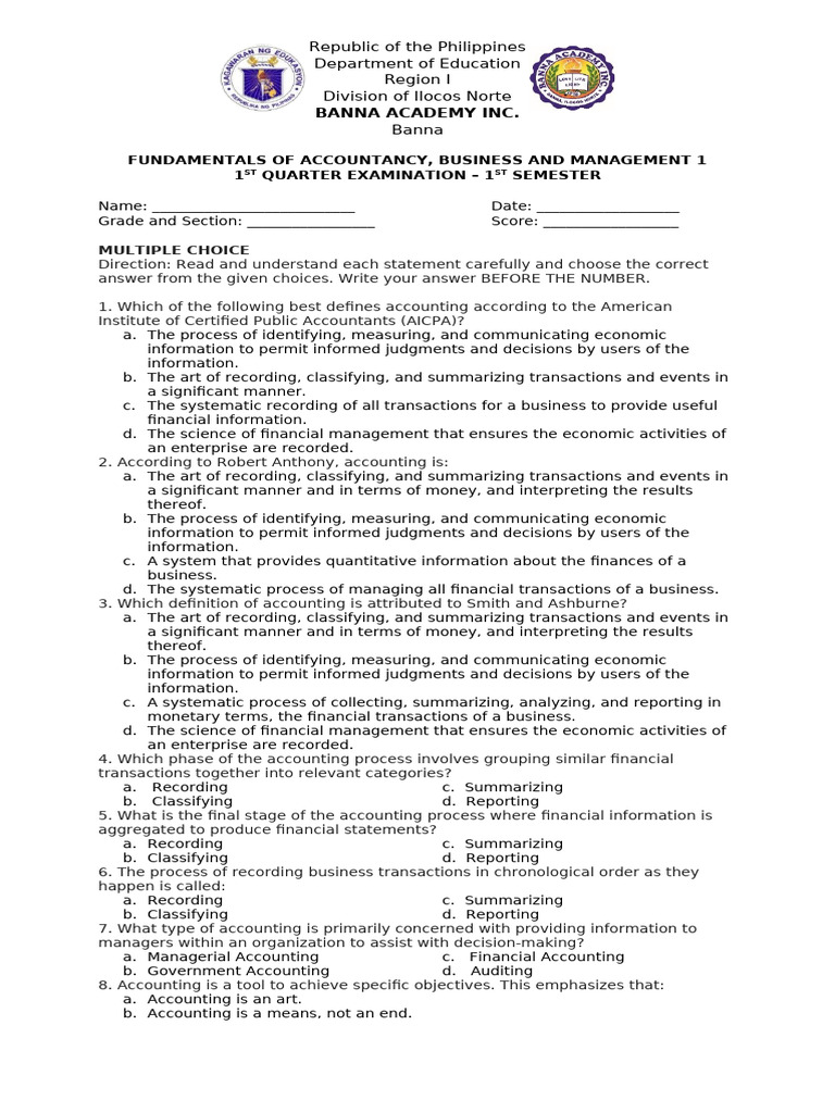 PERIODICAL EXAM FABM1 1st Quarter | PDF | Accounting | Equity (Finance)