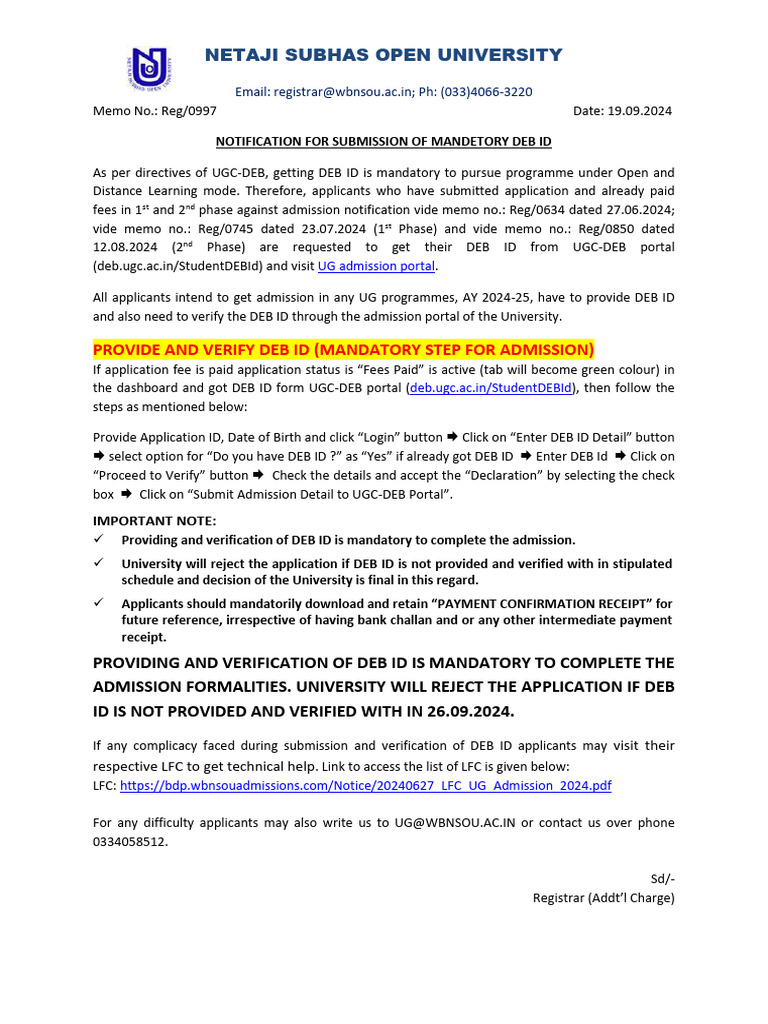 UG Notification For DEB ID | PDF | Career & Growth | Finance & Money Management