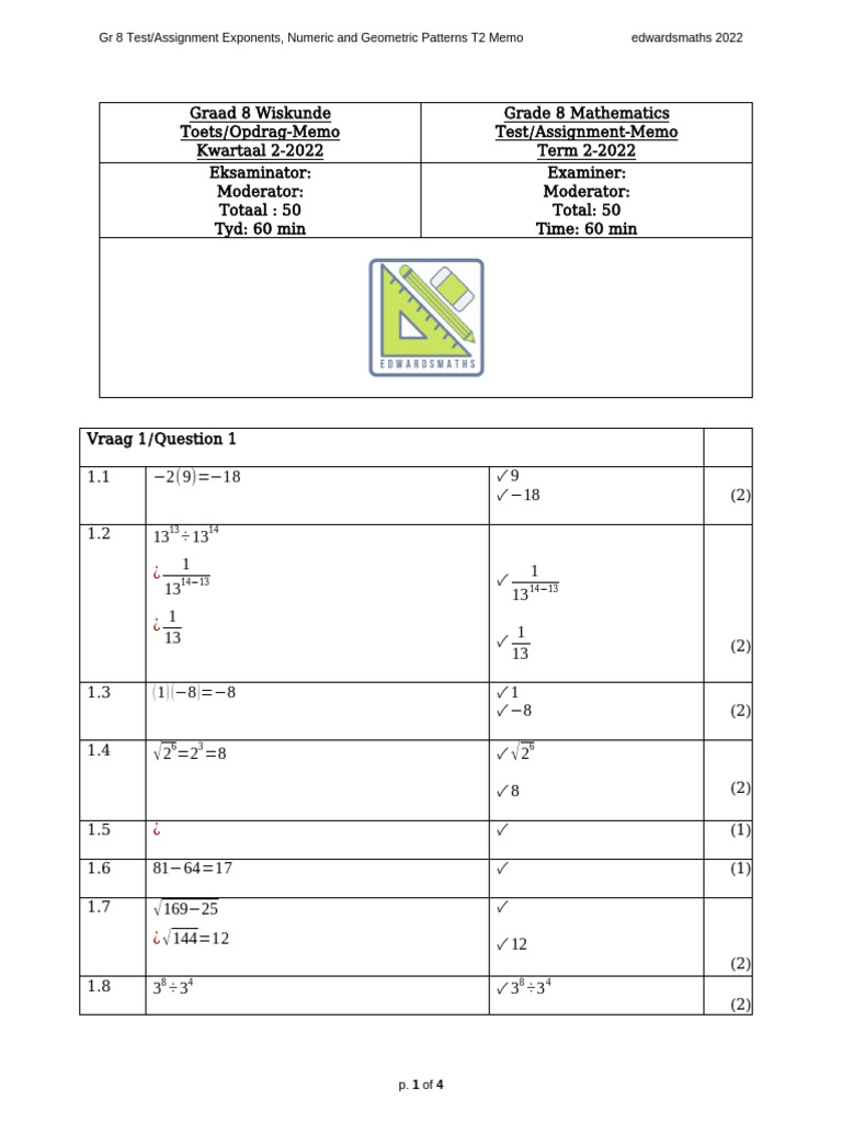 GR 8 Edwardsmaths Test or Assignment Exponents, Numeric and Geometric ...