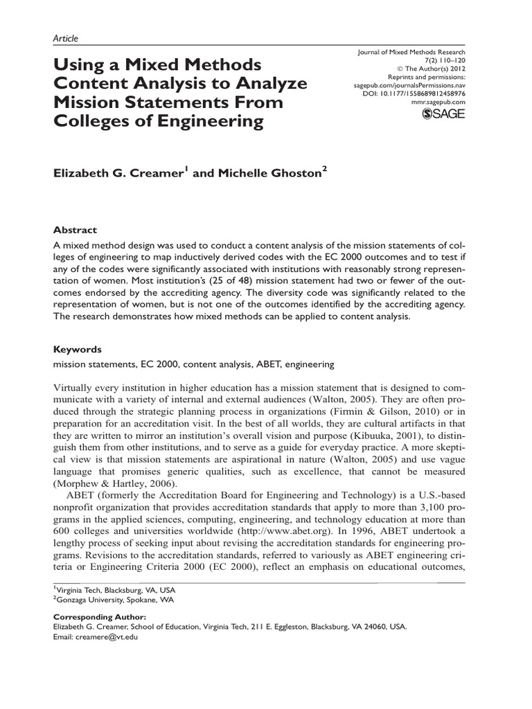 Creamer y Ghoston 2012. Using A Mixed Methods Content Analysis | PDF | Qualitative Research ...