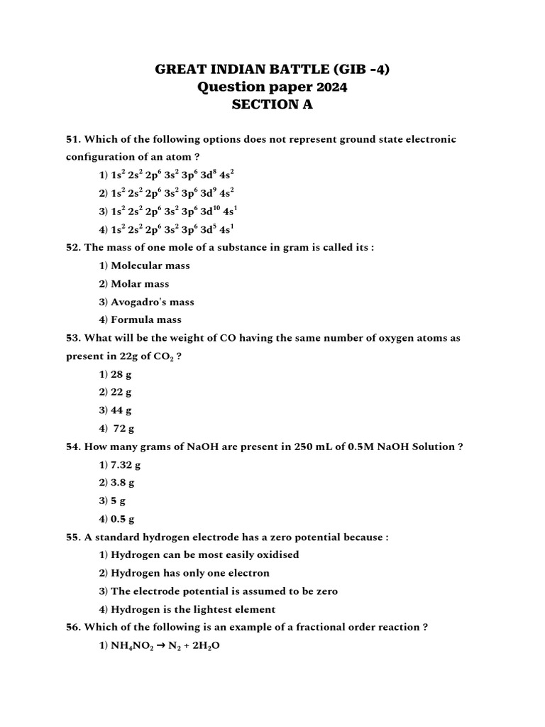 GREAT INDIAN BATTLE (GIB - 4) Question Paper | PDF | Redox | Chemical ...
