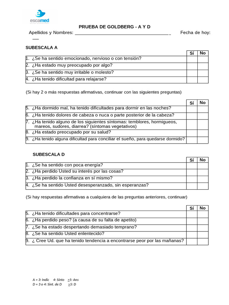 Test de GOLDBERG ANSIEDAD Y DEPRESION CAMPAÑA | PDF
