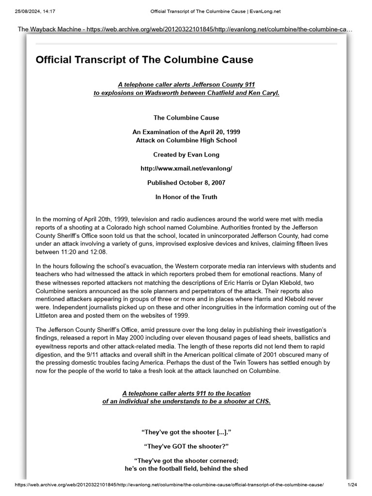 Official Transcript of The Columbine Cause | PDF