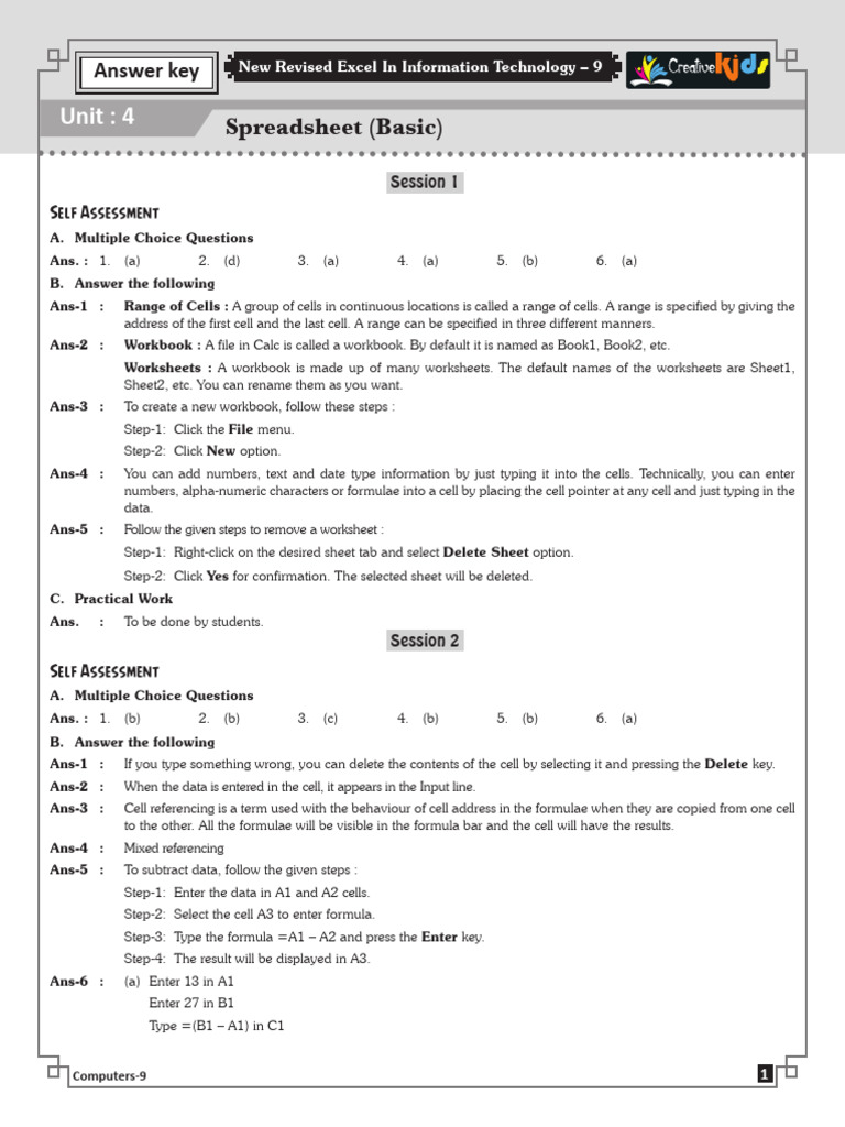Electronic Spreadsheet class 9 solutions | PDF | Spreadsheet | Worksheet