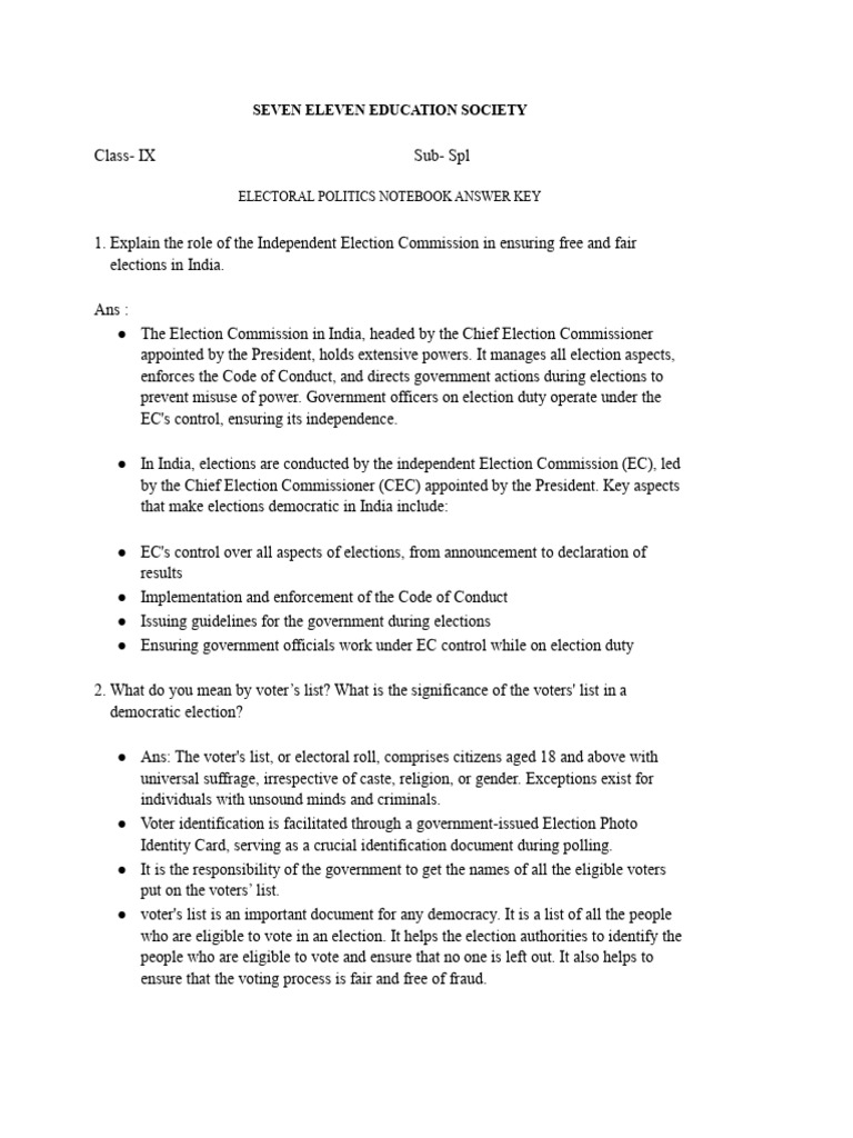 Electoral Politics Notebook Answer Key | PDF | Elections | Voting
