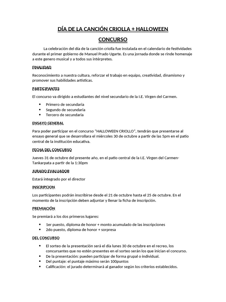 Concurso "Halloween Criollo" Escolar | PDF | Bailes | Ritmo