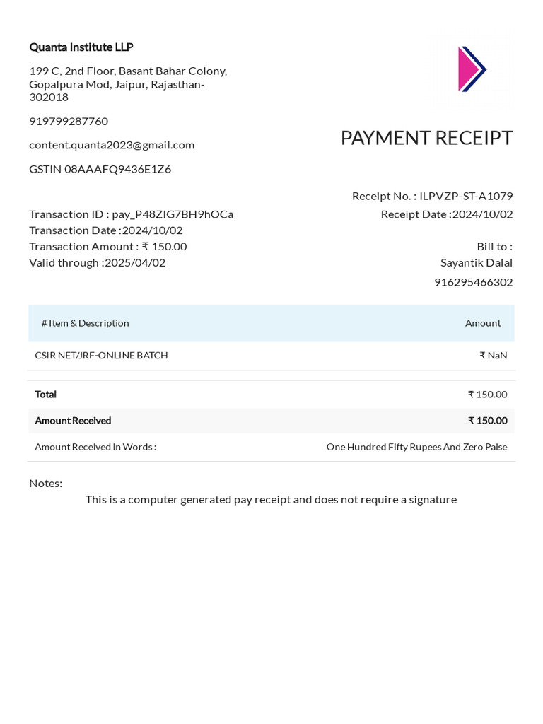 Quanta Institute Payment Receipt | PDF