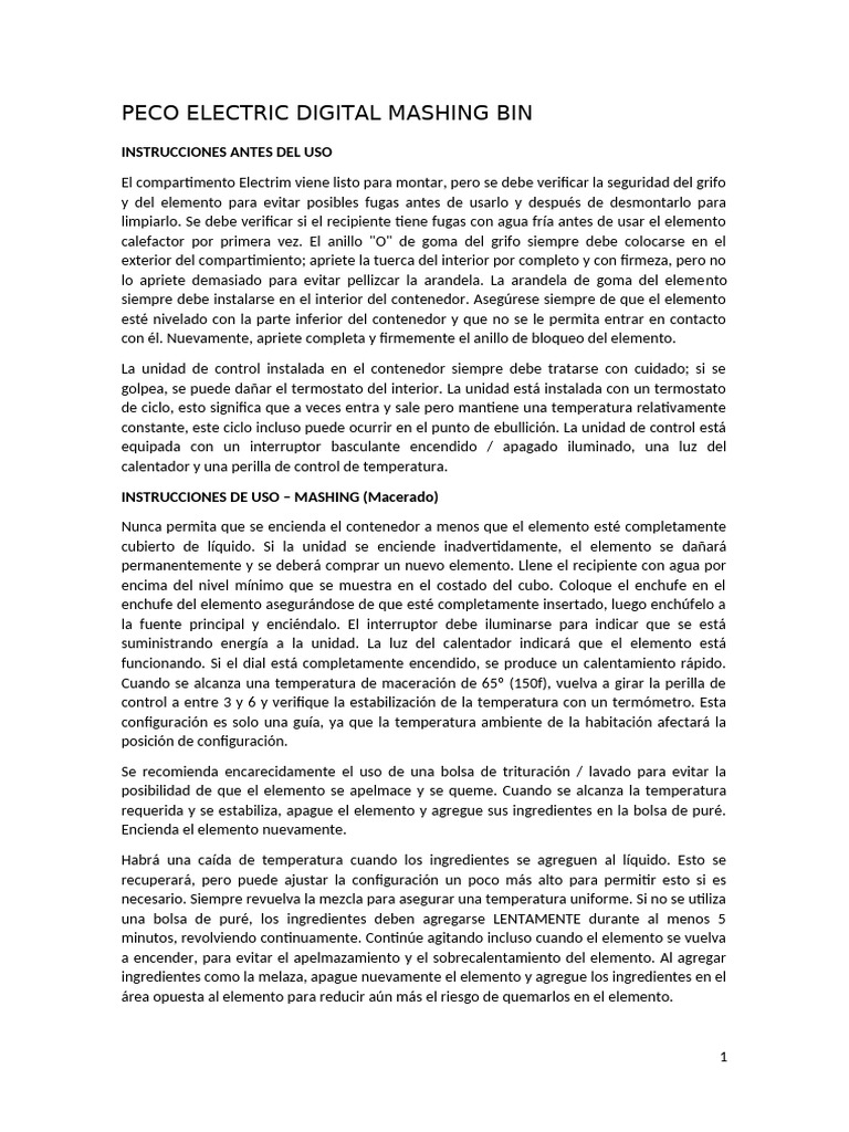 Peco Electric Digital Mashing Bin | PDF | Hirviendo