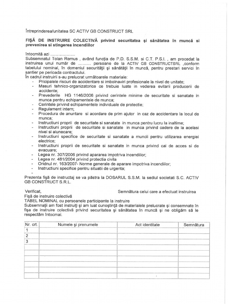Fisa de Instruire Colectiva | PDF
