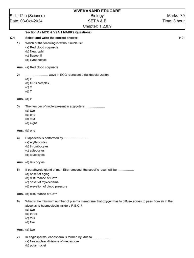 12th STD BIOLOGY Answer Key 03-10-2024 | PDF | Heart Valve | Blood Pressure