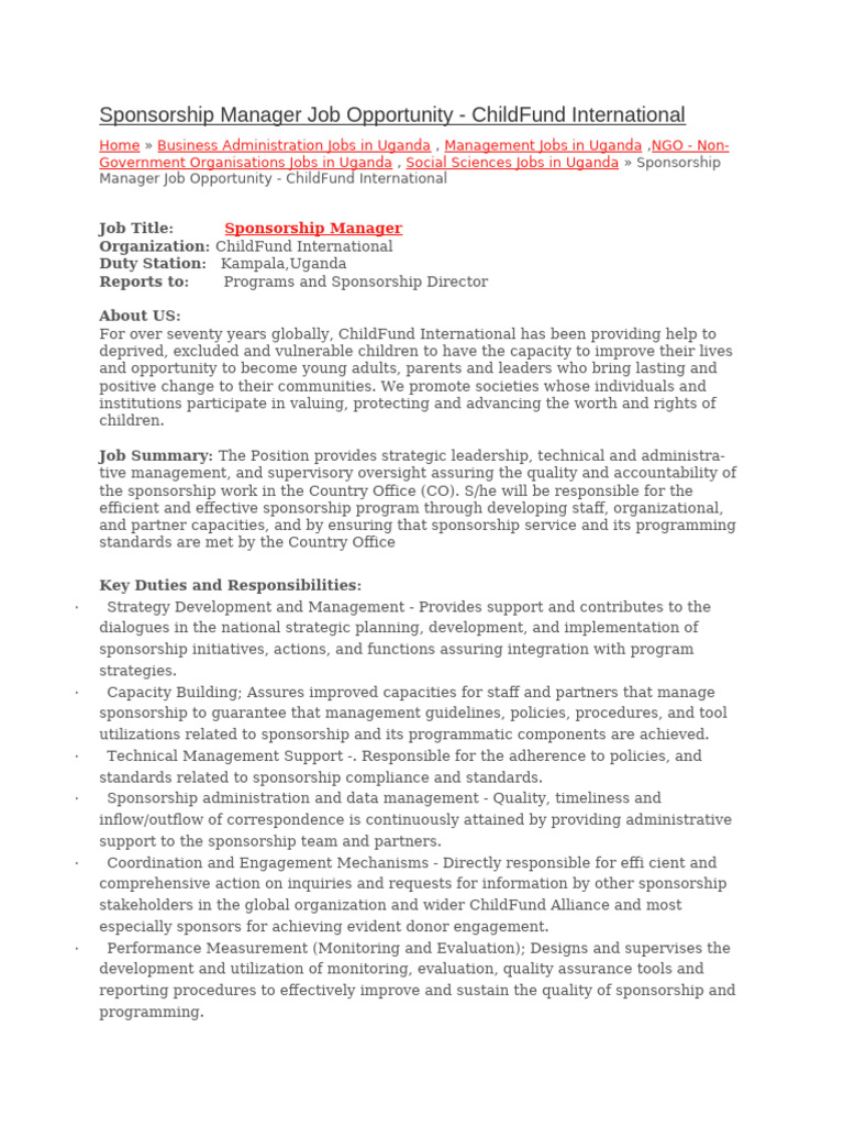 Sponsorship Manager Job Opportunity Dickson | PDF | Evaluation | Knowledge