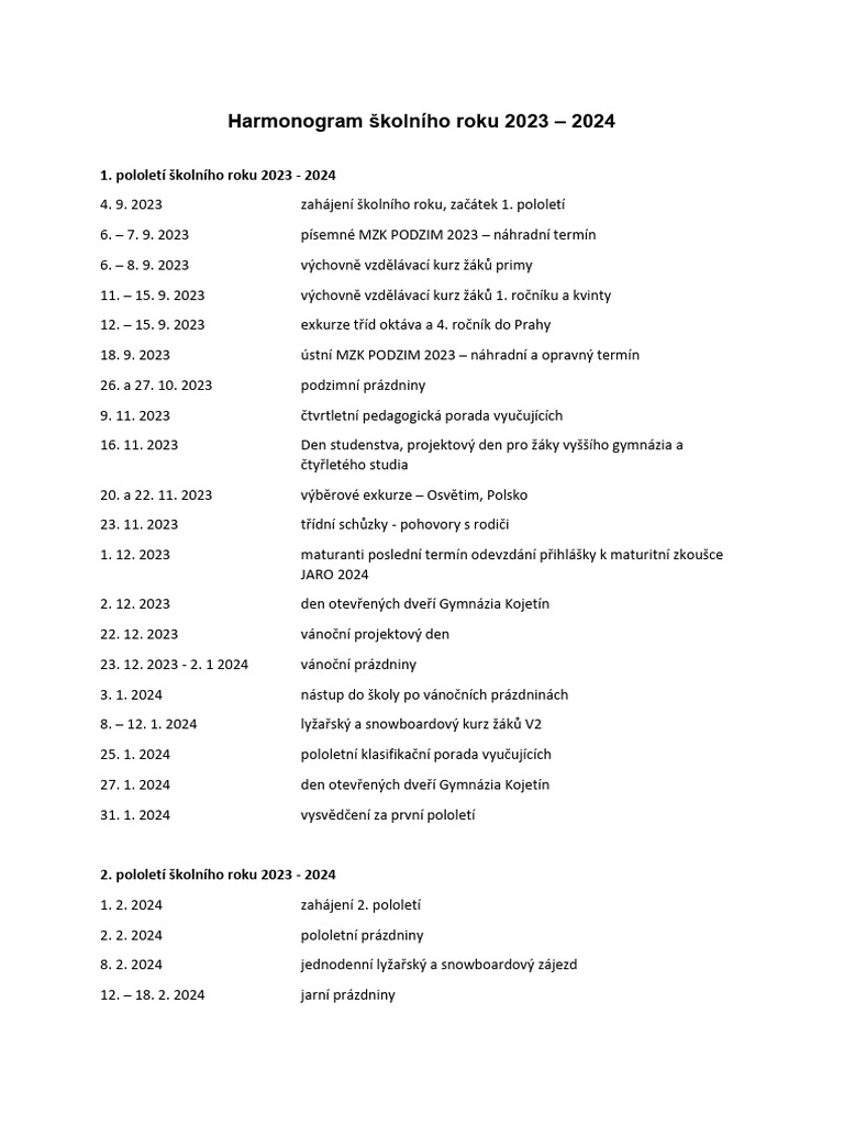 Harmonogram Skolniho Roku 2023 24 | PDF
