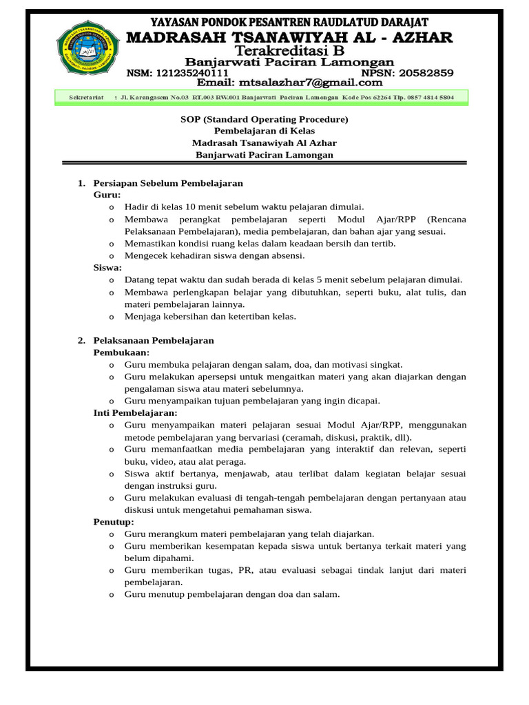 SOP Pembelajaran MTs Al Azhar | PDF