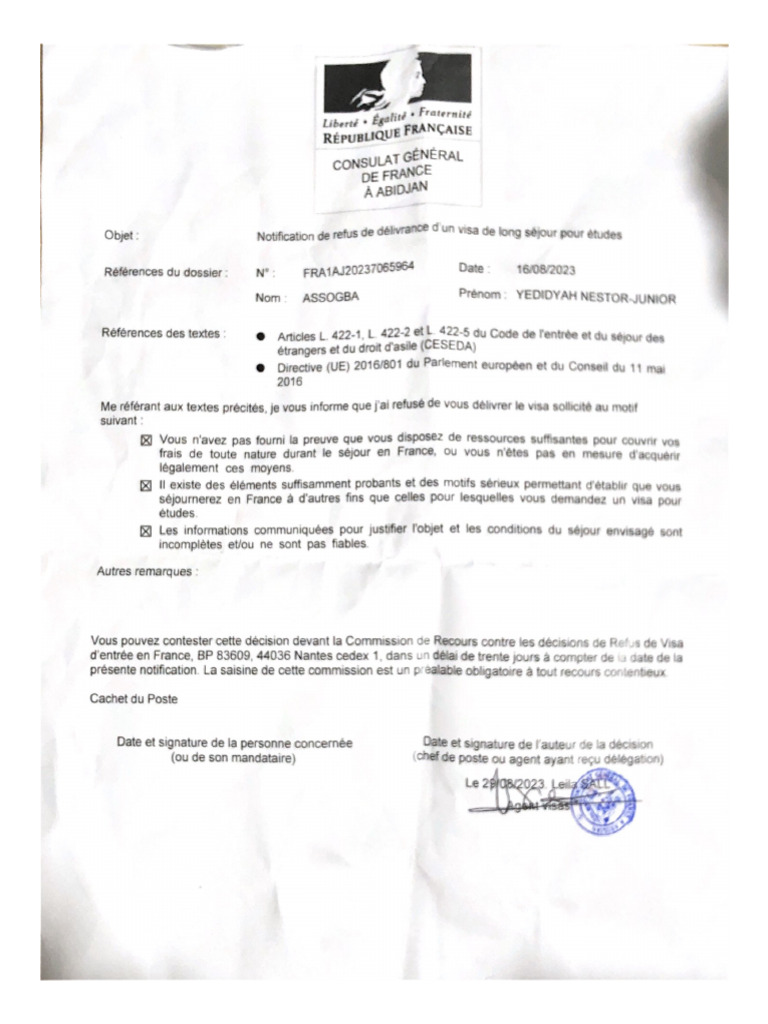 Refus De Visa 2 | PDF