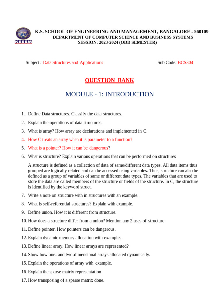 Question - Bank - DS Module-1 | PDF | String (Computer Science) | Pointer (Computer Programming)