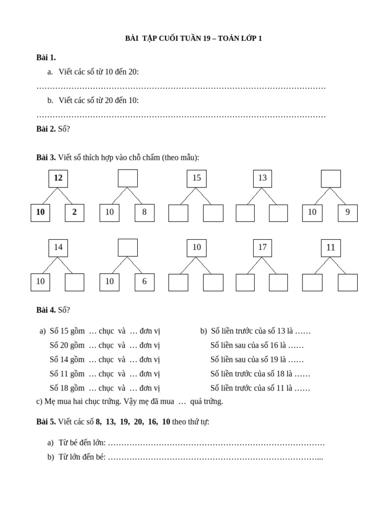 Phieu Bai Tap Toan Lop 1 Tuan 19 | PDF