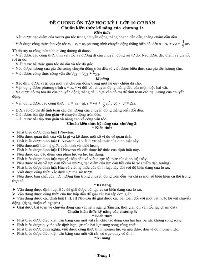 De Cuong On Tap Vat Ly 10 Hoc Ki I | PDF
