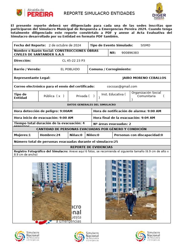 Formato Reporte Simulacro 2024 - Pereira | PDF | Simulación