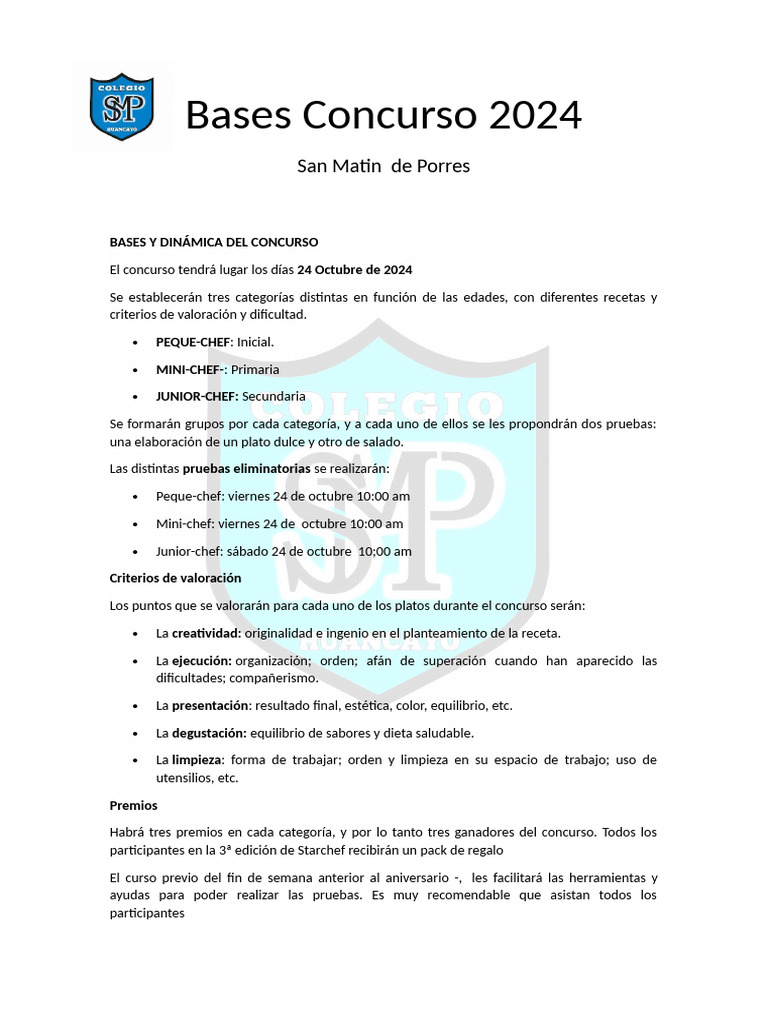 Bases Concurso 2024.docx Minichef | PDF | Cocina, comidas y vino