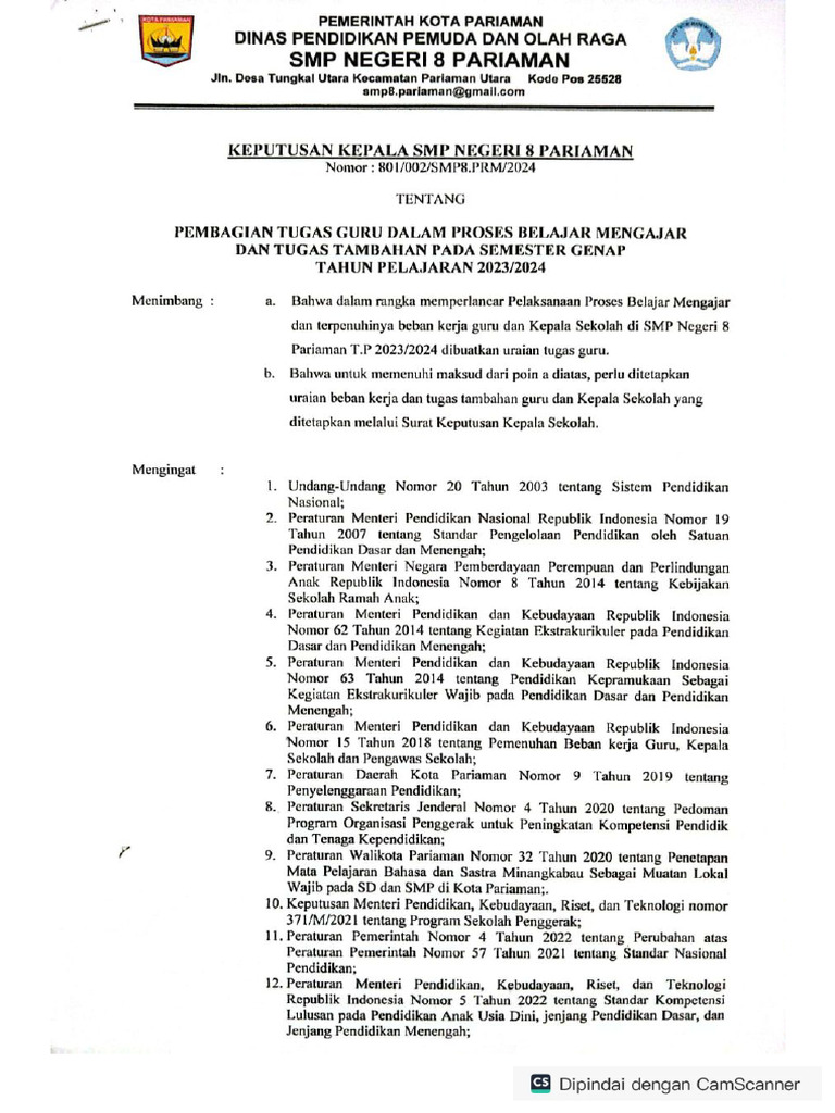 SK Pembagian Tugas Genap 2023-2024 SMPN 8 Pariaman | PDF