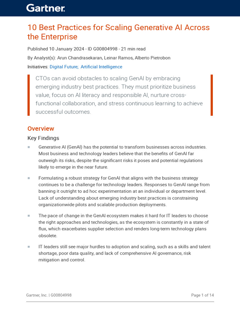 Gartner - 10 Best Practices for Scaling GenAI | PDF | Artificial ...