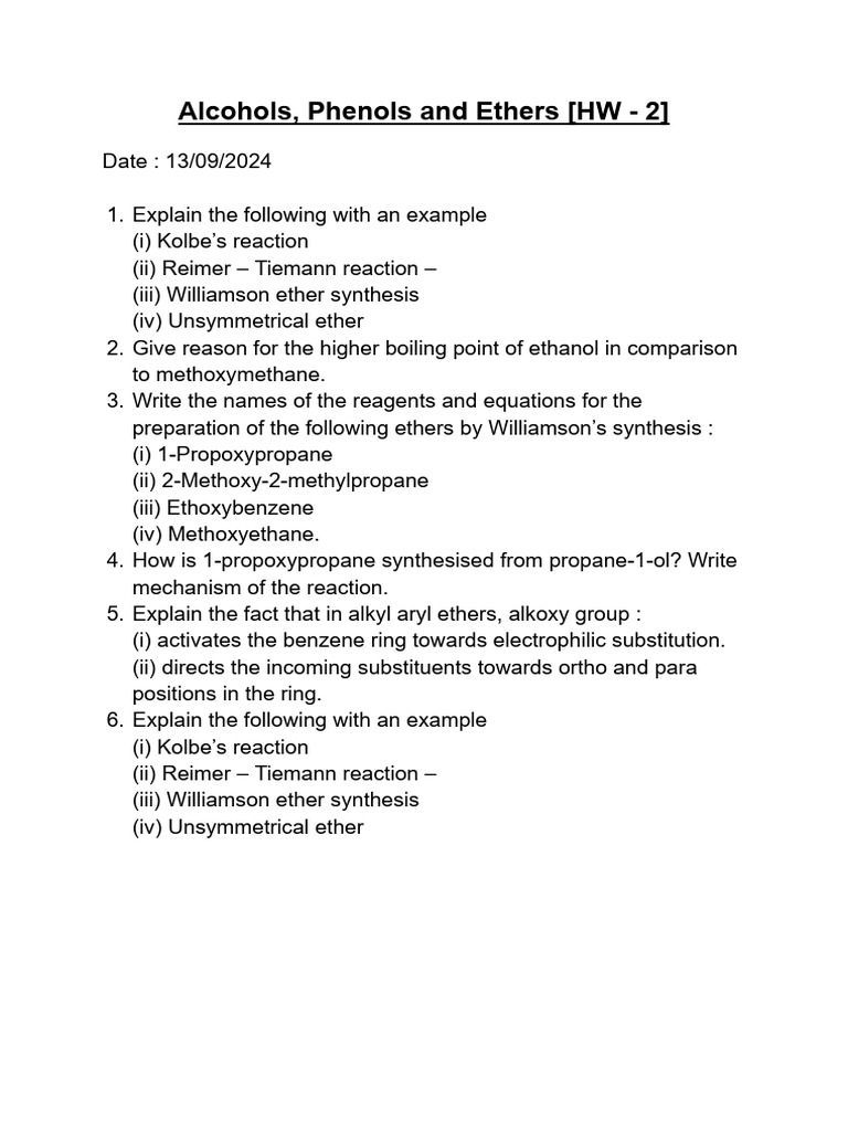 Alcohols, Phenols and Ethers (HW - 2) | PDF | Technology & Engineering