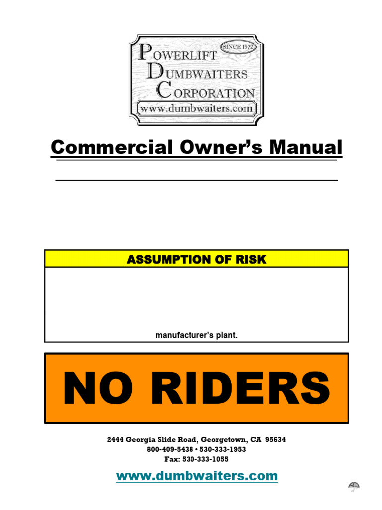 Powerlift Dumbwaiter Owner's Manual | PDF | Elevator | Bearing (Mechanical)