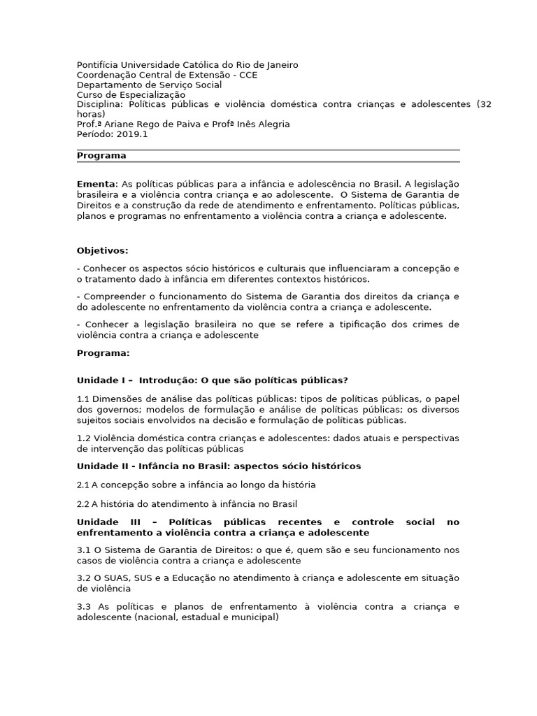 Programa Disciplina Ariane 2019 | PDF | Brasil | Violência