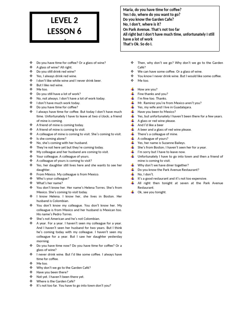 Level 2 Lesson 6 | PDF | Coffeehouse | Drink