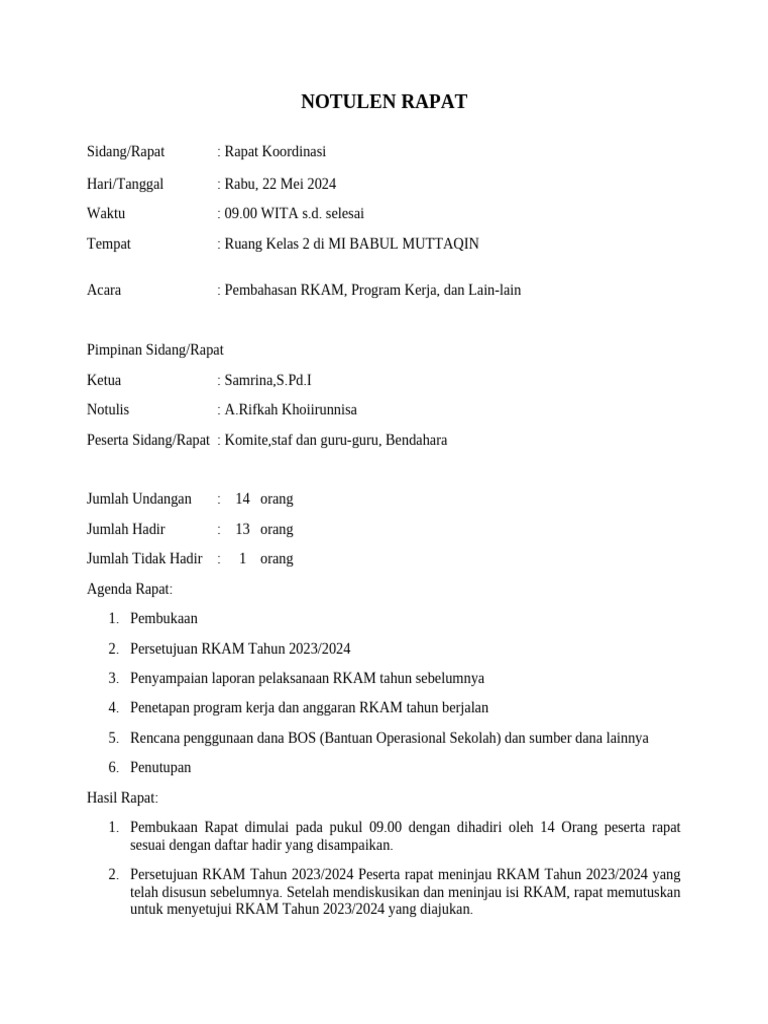 Notulen Rapat Kordinasi Pembahasan RKAS Program Kerja Dan Lain Lain ...