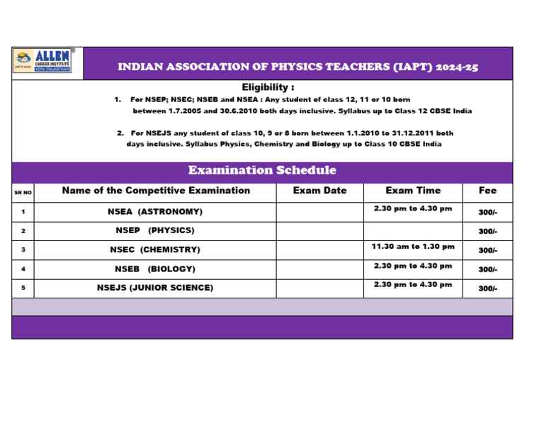Examination Schedule: Indian Association of Physics Teachers (Iapt ...