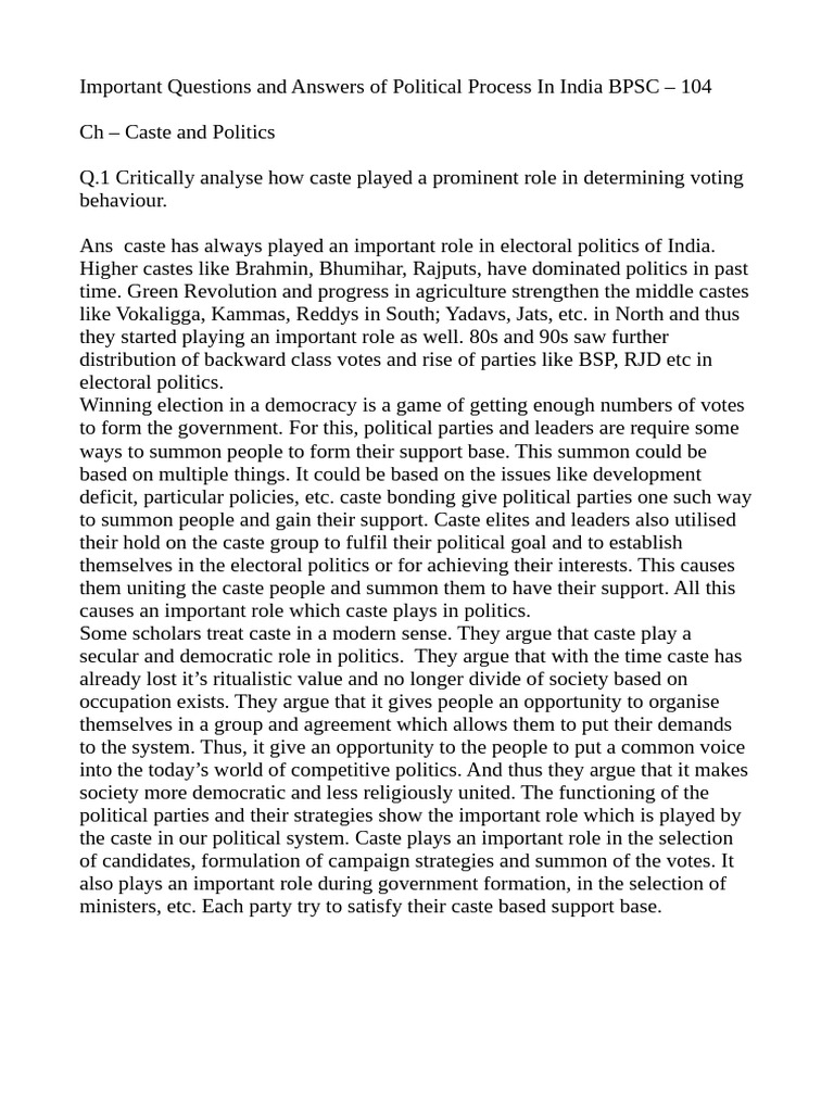 Important Ques and Ans of Political Process in India | PDF | Political ...