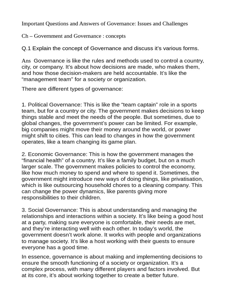 Important Questions and Answers of Governance Issues and Challenges ...