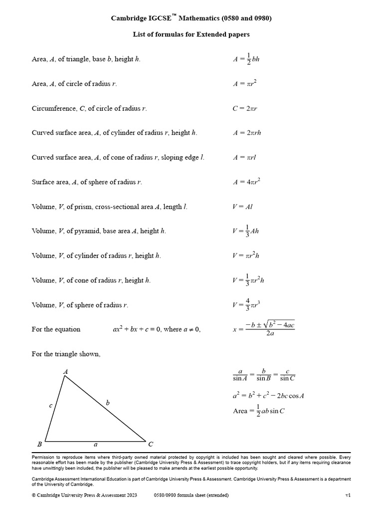 0580 Formula Sheet For Extended Papers | PDF | Area | Sphere