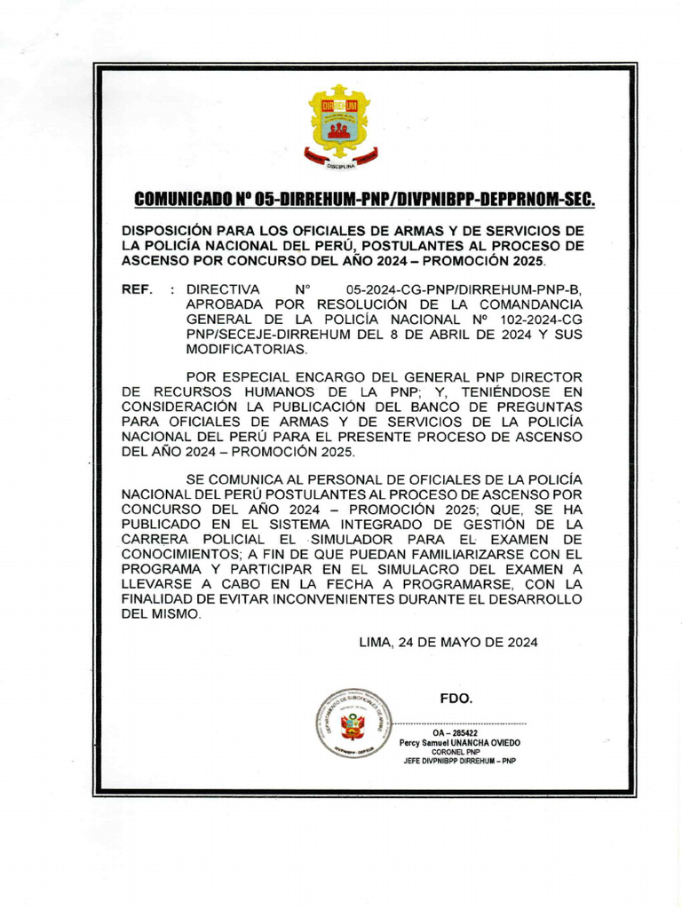 COMUNICADO #05-DIRREHUM PNPDIVPNIBPP-DEPPRNOM-SEC Del 24MAY2024 Relacionado Al Simulador Del ...