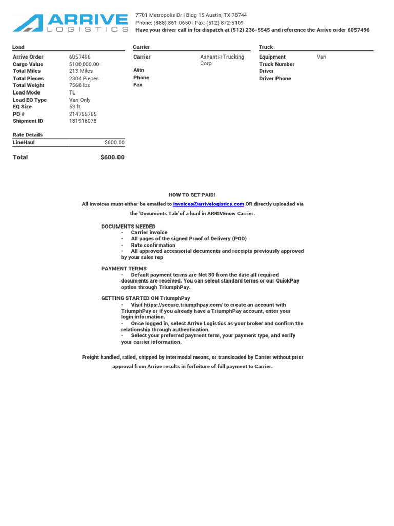 Arrive Logistics Load Confirmation 6057496 | PDF | Cargo | Common Carrier