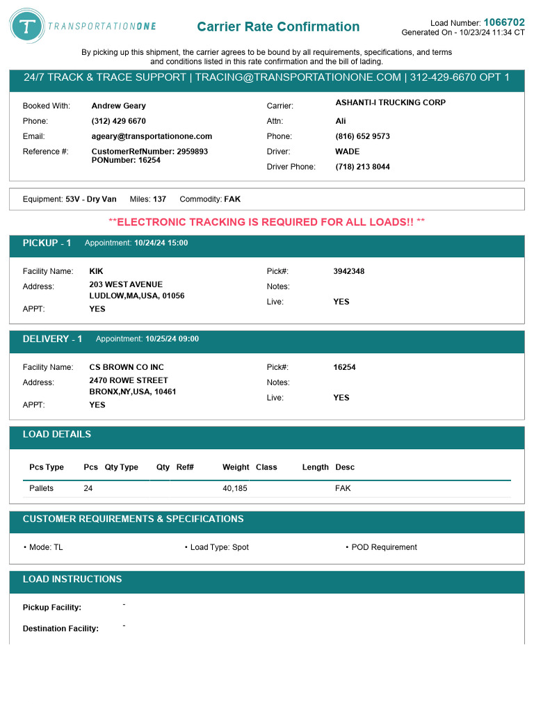 Signed Rate Confirmation 1066702 | PDF | Cargo