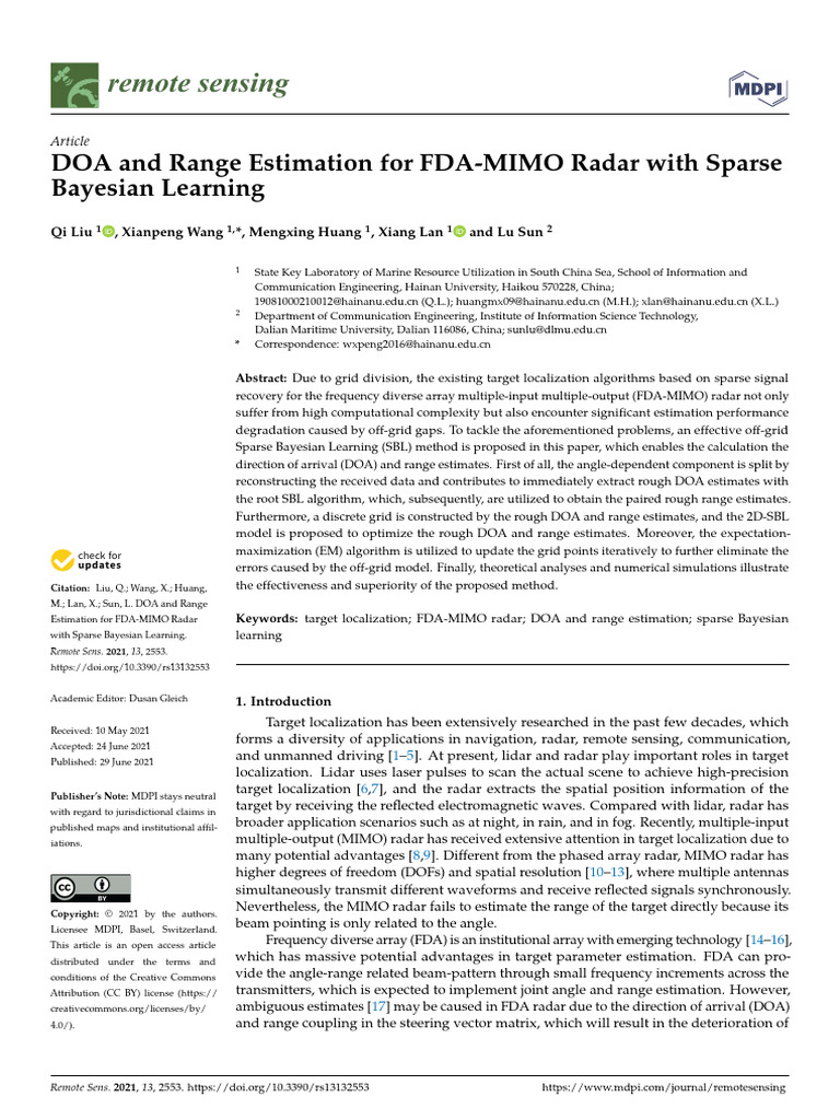 DOA and Range Estimation For FDA-MIMO Radar With S | PDF | Radar | Mimo