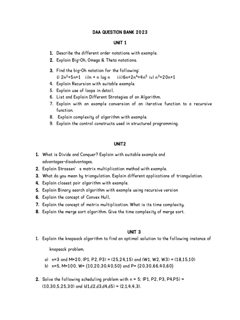 Daa Question Bank 2023 | PDF | Time Complexity | Dynamic Programming