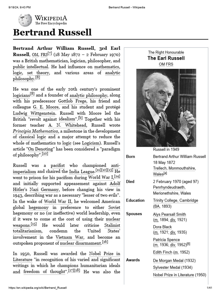 Bertrand Russell - Wikipedia | PDF | Bertrand Russell | Ludwig Wittgenstein