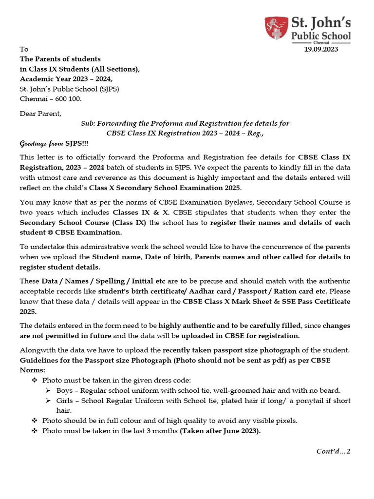 Forwarding The Proforma and Registration Fee Details For CBSE Class 9 ...