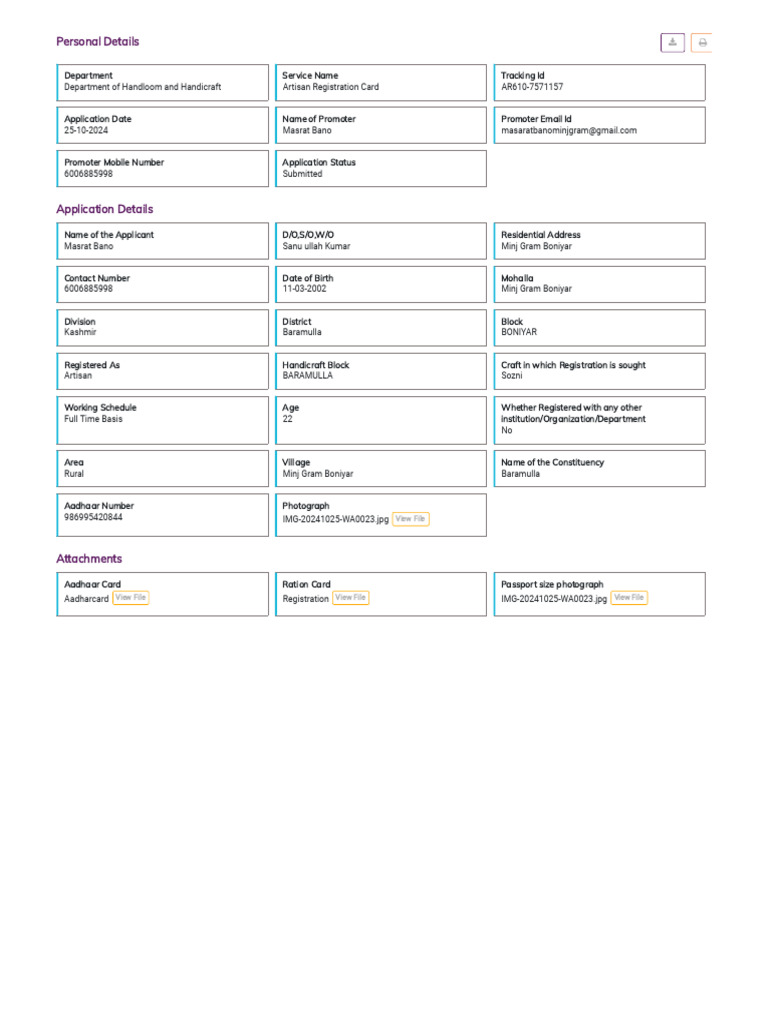 Artisan Registration Details for Masrat Bano | PDF