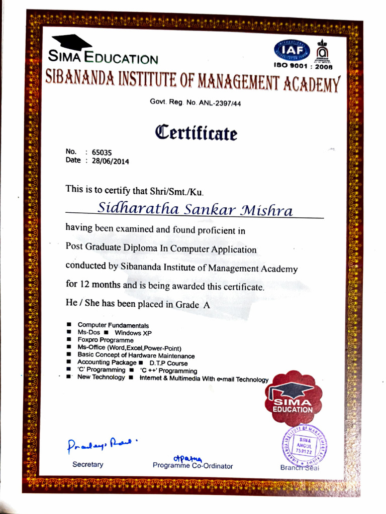 Post Graduate Diploma in Computer Applications Certificate | PDF