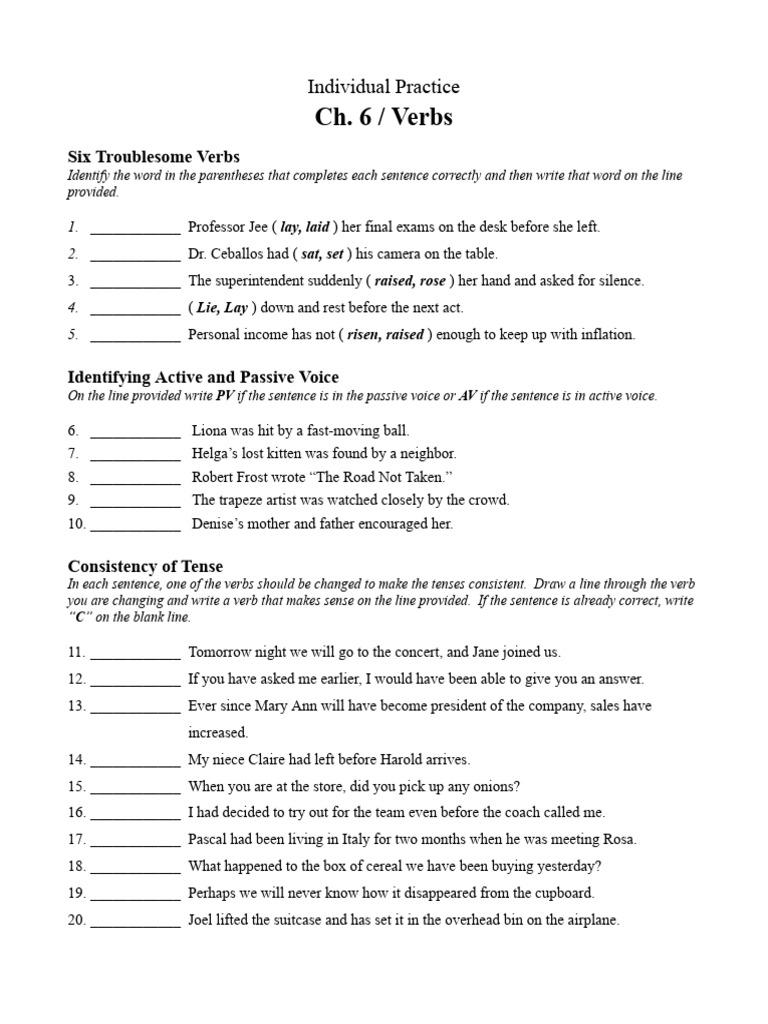 Troublesome Verbs and Voice Exercises | PDF | Language Arts & Discipline
