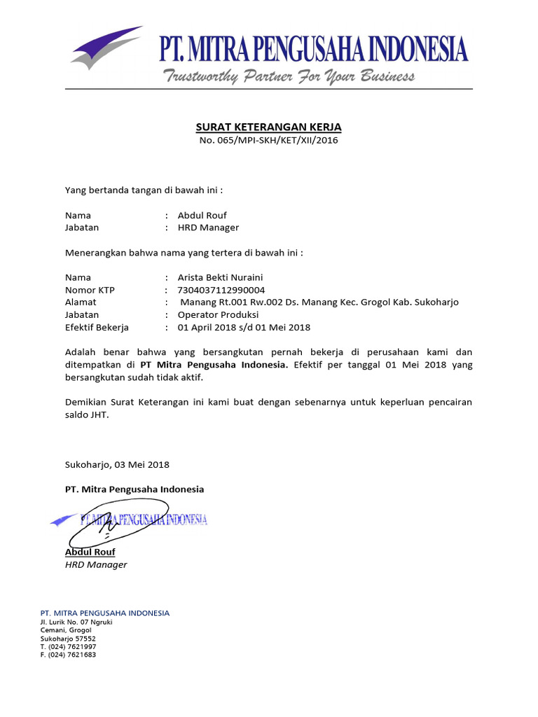 Paklaring Mitra Pengusaha Indonesia | PDF