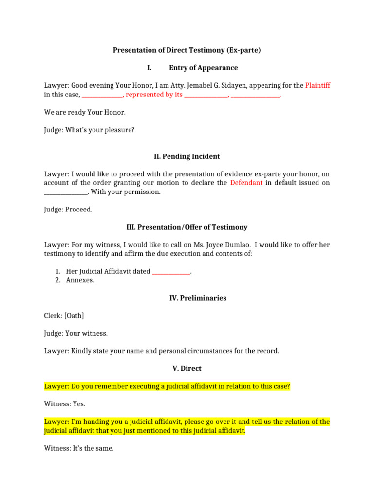 Ex-Parte Testimony Presentation | PDF | Affidavit | Witness