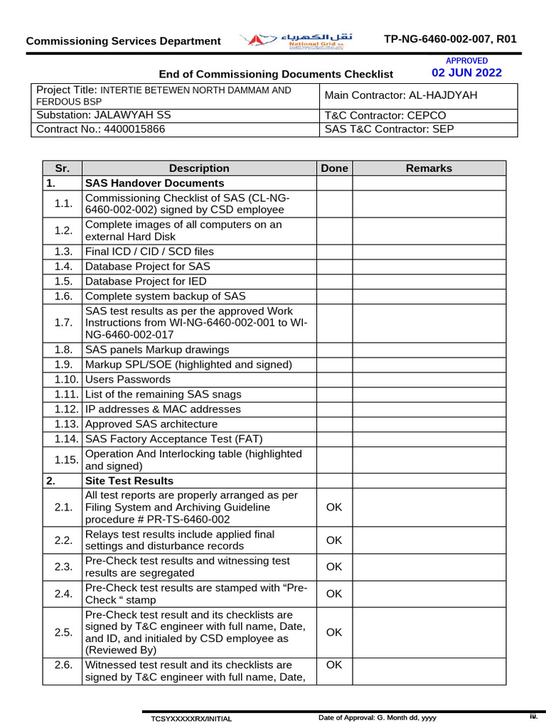 TP-NG-6460-002-007 End of Commissioning Documents Checklist Rev01 ...