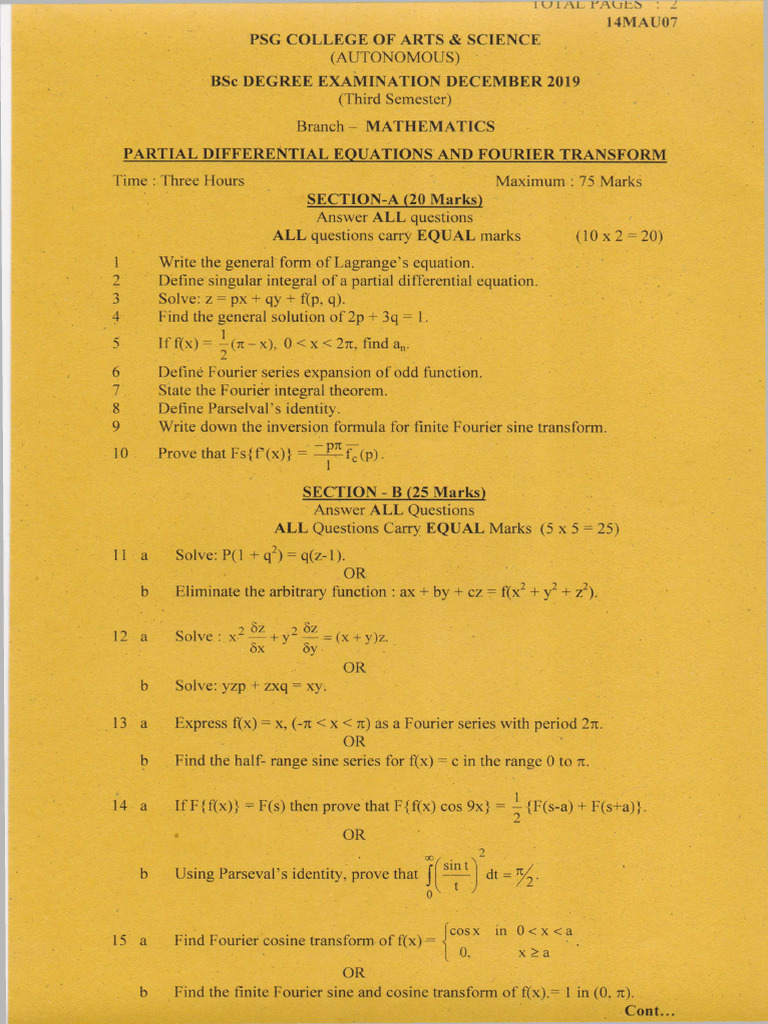 PARTIAL DIFFERENTIAL EQUATIONS AND FOURIER TRANSFORM DEC 2019.. | PDF