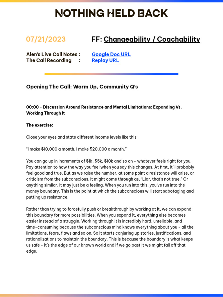 7 21 2023 FF Theory Call Changeability Coachability Summary | PDF | Risk | Reason