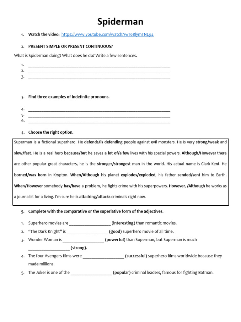 Video Worksheet - Spiderman | PDF